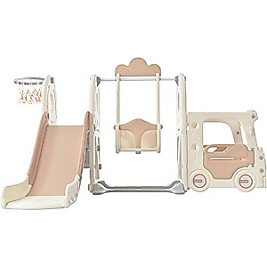 Merax 5-in-1 Kids Slide with Swing, Indoor Baby Slide Swing Set with Basketball Hoop, Climber & Bus Playhouse, Outdoor Slide Playset for Toddlers Age 1+ (Bus Swing & Slide Beige)