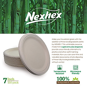NexHex 7" Paper Plates [150-Pack] Brown Compostable Disposable Biodegradable Premium Natural Eco-Friendly Bagasse, Made of Sugar Cane Fibers Heavy-Duty Quality