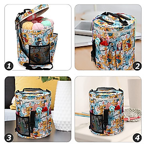 Knitting Bag Yarn Storage Tote Organizer with Shoulder Strap Handles Portable DIY Tool Bucket Round Container for Knitting Needles Crochet Hooks Accessories