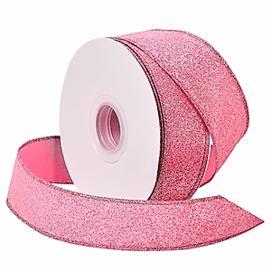 YAMA Glitter Wired Ribbon, Pink, 1-1/2 inch x 20 Yards, for Christmas, Gift Wrapping, Wreath, Crafts, Bow Making and Party Decoration