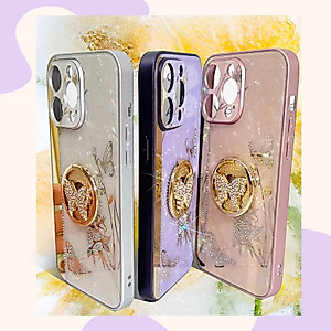 AMAZFCCY iPhone 13 Pro Max 6.7'' Kickstand Case, [Upgraded Metallic Paint] Cute 3D Butterfly Bling Glitter Luxury Rhinestone Hard Back Soft TPU Bumper for Apple iPhone 13 Pro Max 2021 (Purple)