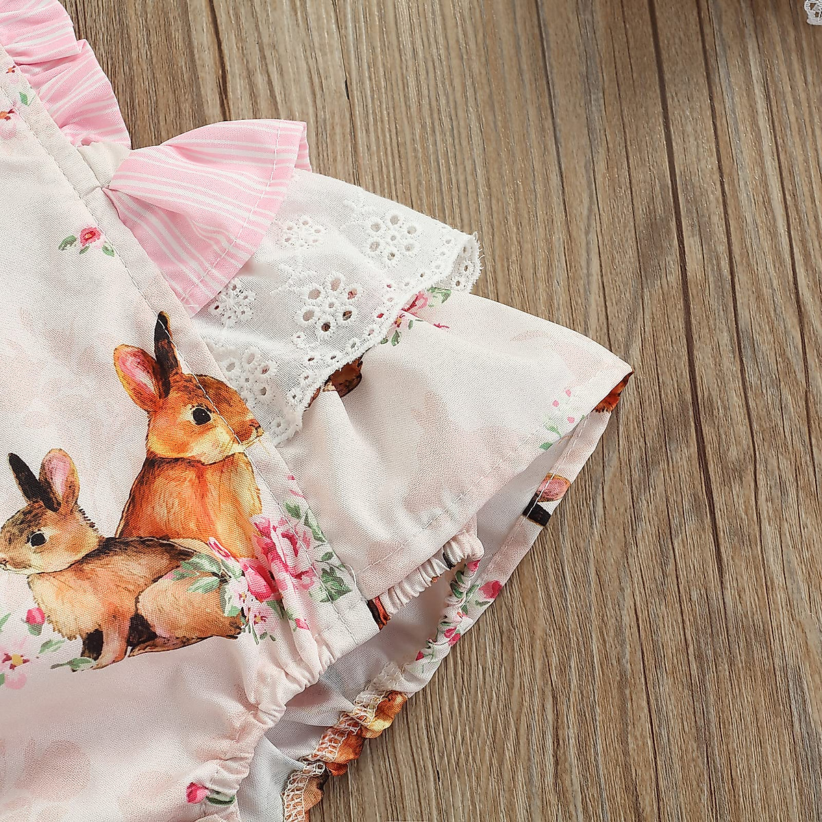 BOIBOKOKO Infant Baby Girl Easter Outfits Sleeveless Bunny Floral Print Romper Ruffle Halter Jumpsuit Bodysuit Easter Clothing (1#Beige, 0-6 Months)