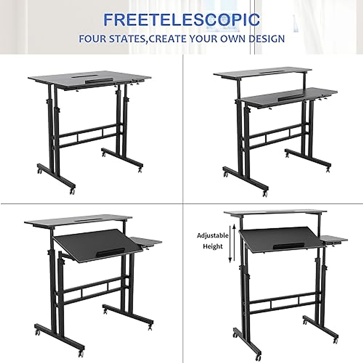 soges Mobile Laptop Sit-Stand Desk, Height Adjustable Standing Tiltable Top Desk, 31.5 inch Stand Up Computer Desk for Home Office, Small Rolling Desk for Small Space, Black ZS-101-2BK