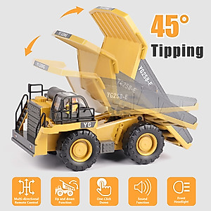 PREPOP RC Dump Truck Toy for Kids, Remote Control Construction Toys Vehicle with Metal Bed and Light/Music, Birthday Gifts Ideas for Boys Age 6 7 8 9 10 Year Old and up