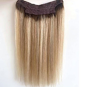 Halos Hair Extensions, Fish Line Hair Extensions, Wire Extensions Human Hair,14Inch 70g Ombre Balayage Ash Brown to Dirty Blonde and and Platinum Blonde Highlights Straight Hairpiece Flip in Hair Extensions Clip in Extensions with Invisible Fish Line Hair