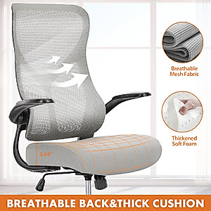 Sweetcrispy Ergonomic Office Desk Computer Chair, Comfy High Back Swivel Rolling Home Mesh Gaming Chairs with Wheels, Lumbar Support, Flip-up Arms,120°tilt for Bedroom, Study, Work, Grey