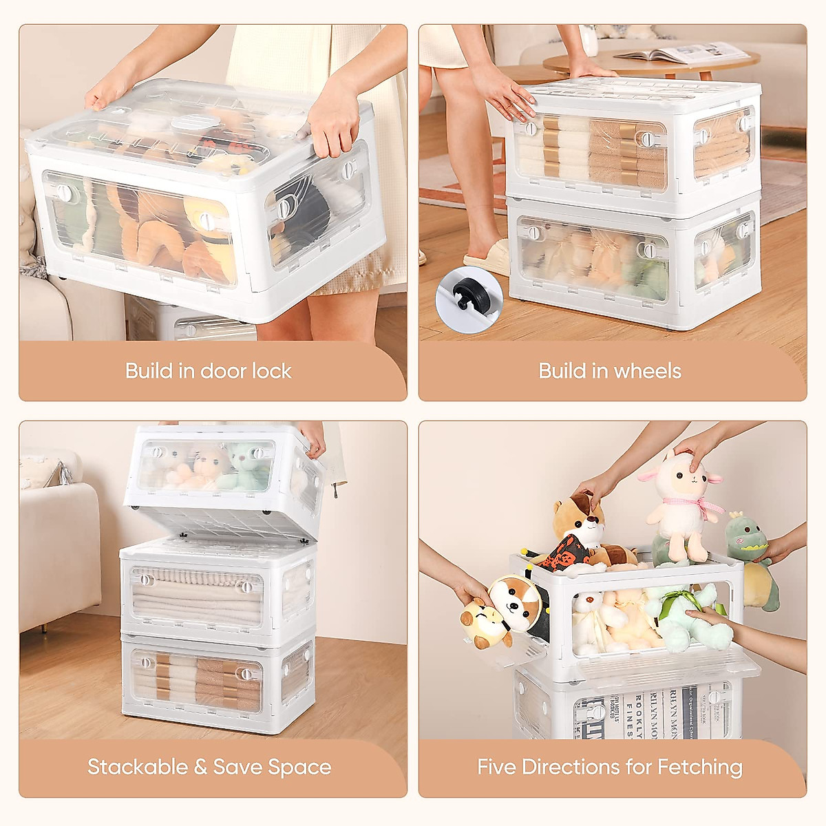 4 Pack Closet Organizers and Storage 8.4 Gal, Collapsible Storage Bins, Storage Bins with Lids and Wheels, Stackable Closet Organizer Trunk Car Organizer, Plastic Foldable Box for Home Dorm Room