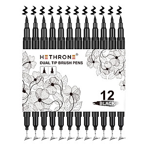 Hethrone Black Marker - Felt Tip Pens Drawing Pens Dual Brush Pens Art Supplies 12 Pack