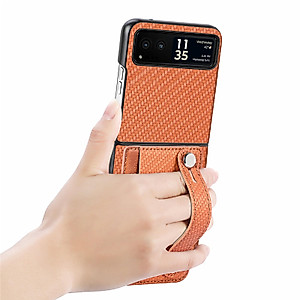 DAMONDY for Consumer Cellular Moto Razr 2023 Case with Wristband Ring,Motorola Razr 2023 Flip Case, Full Body Thin PU Leather Wrist Strap Kickstand Phone Cover Cases for Motorola Razr 2023 -Brown