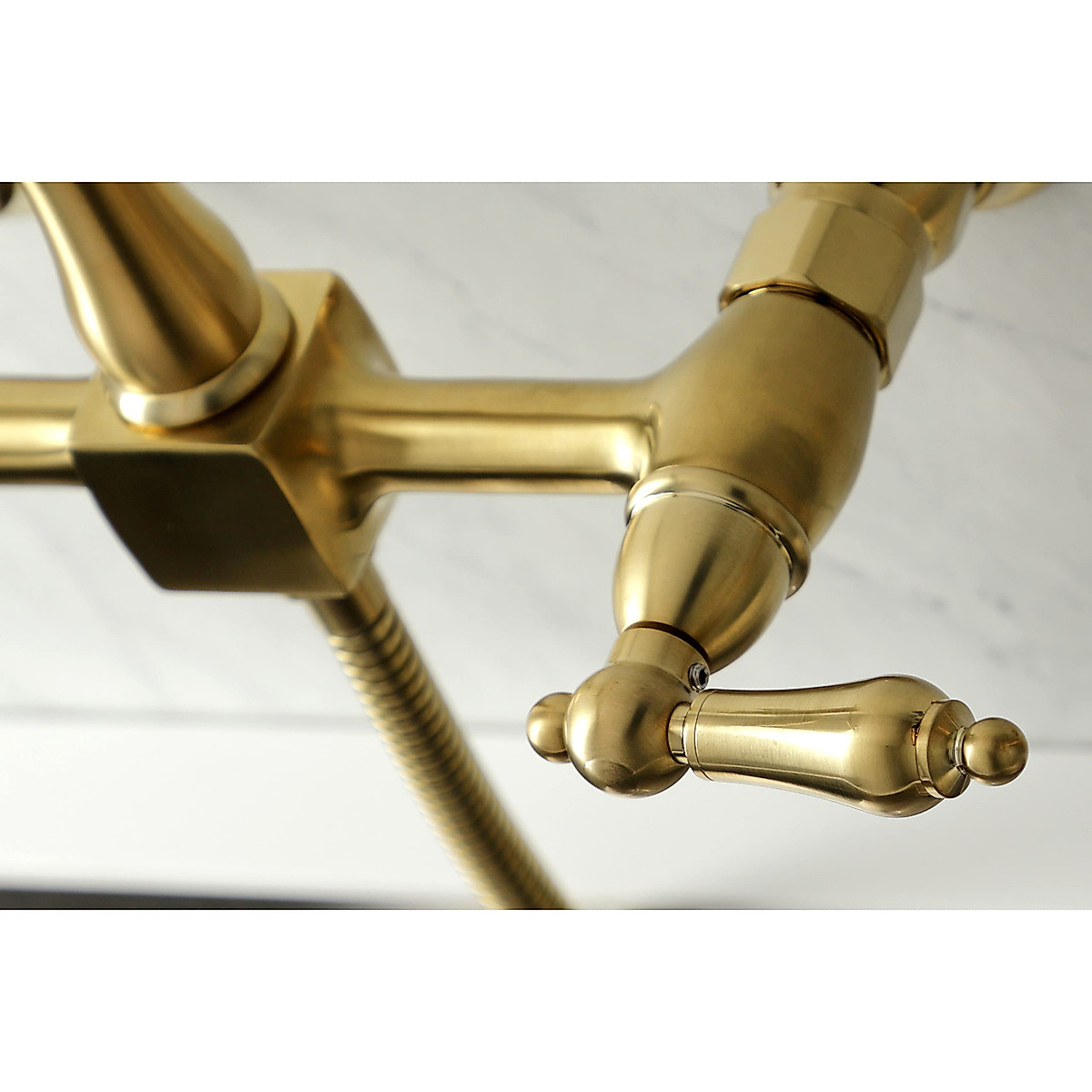 Kingston Brass KS1267ALBS Heritage 8-Inch Centerset Wall Mount Kitchen Faucet with Brass Sprayer, Brushed Brass