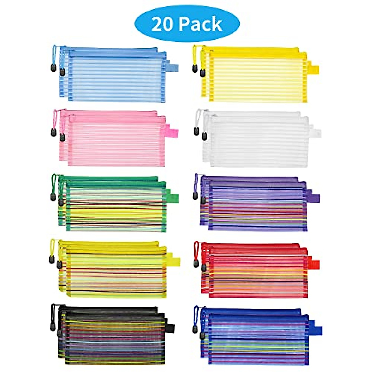 JARLINK 20 Pack 10 Colors Zipper Mesh Pouch, Pencil Pouch Pen Bag Multipurpose Travel Bags for Office Supplies Cosmetics Travel Accessories Multicolor