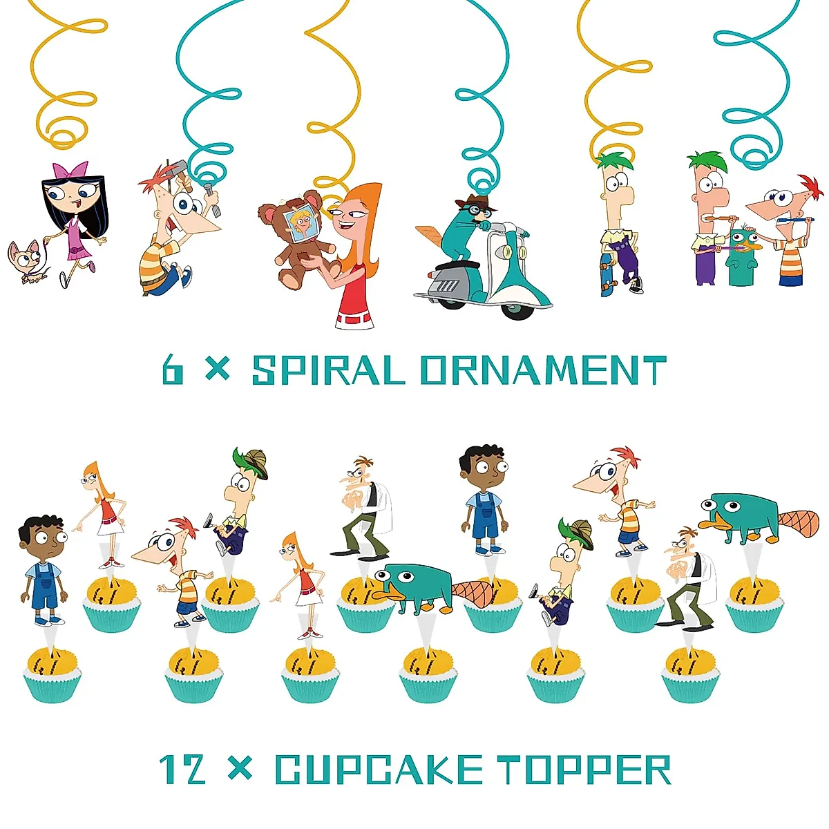 Birthday Party Decoration for Phineas Ferb, Include Cartoon Theme Birthday Banner, Cake Topper, Latex Balloons, Hanging Swirls, for Kids Birthday Party Supplies