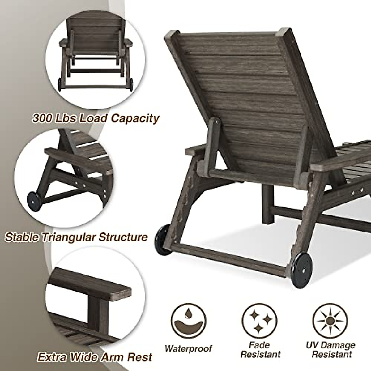 ACUEL Chaise Lounge Chairs for Outside, HDPE Outdoor Lounge Chairs with Adjustable Backrest, Wheels, Armrest, All Weather Poly Lumber Recliner for Patio, Poolside, Porch (Dark Brown)