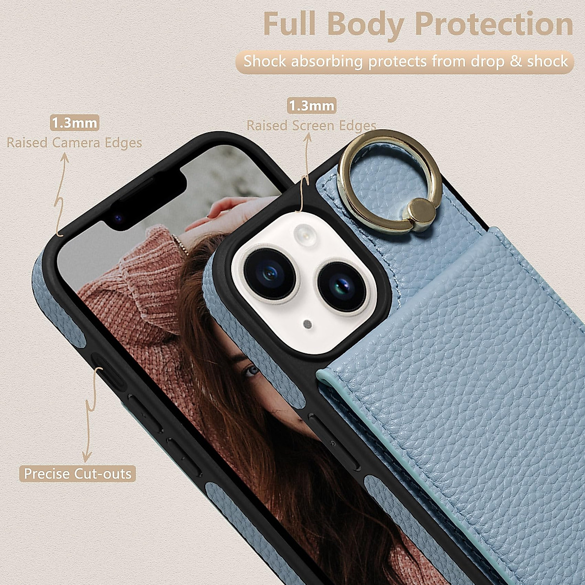 Keallce Case for iPhone 13 6.1'', Detachable Crossbody Case Wallet with RFID Blocking Card Holder, 360?Ring Stand, Folio Leather Phone Cover Shoulder Lanyard Strap Lady for iPhone 13 2021 5G, Blue
