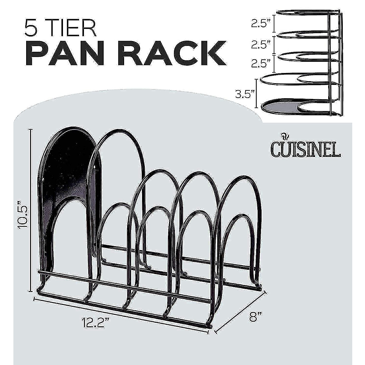 Heavy Duty Pan Organizer - 12" + 15"-Tall - 5 Tier Rack - Holds up to 50 LB - Holds Cast Iron Skillets, Griddles and Shallow Pots - Durable Steel Construction - Kitchen Storage - No Assembly Required