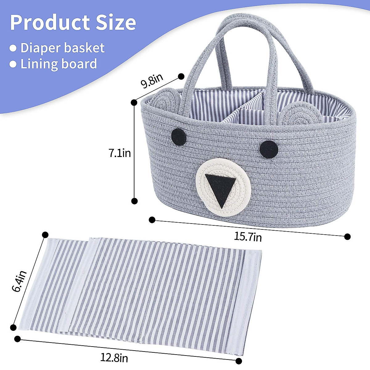 InfiBay Baby Diaper Caddy Organizer, Large Bear Cotton Rope Nursery Baby Shower Gifts, Changing Basket Table Baby Diaper Storage Portable Car Organizer, Baby Newborn Essentials-Gray