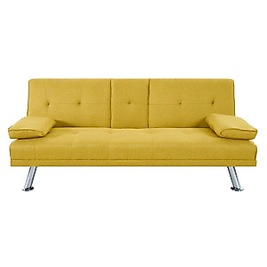 Naomi Home Transform Your Living Space with Comfort Green Futon Sofa Bed with Armrest, Cupholders, & Reclining Function, Ideal for Cozy Living Rooms! Sofa Bed Couch with Metal Legs, Yellow Linen