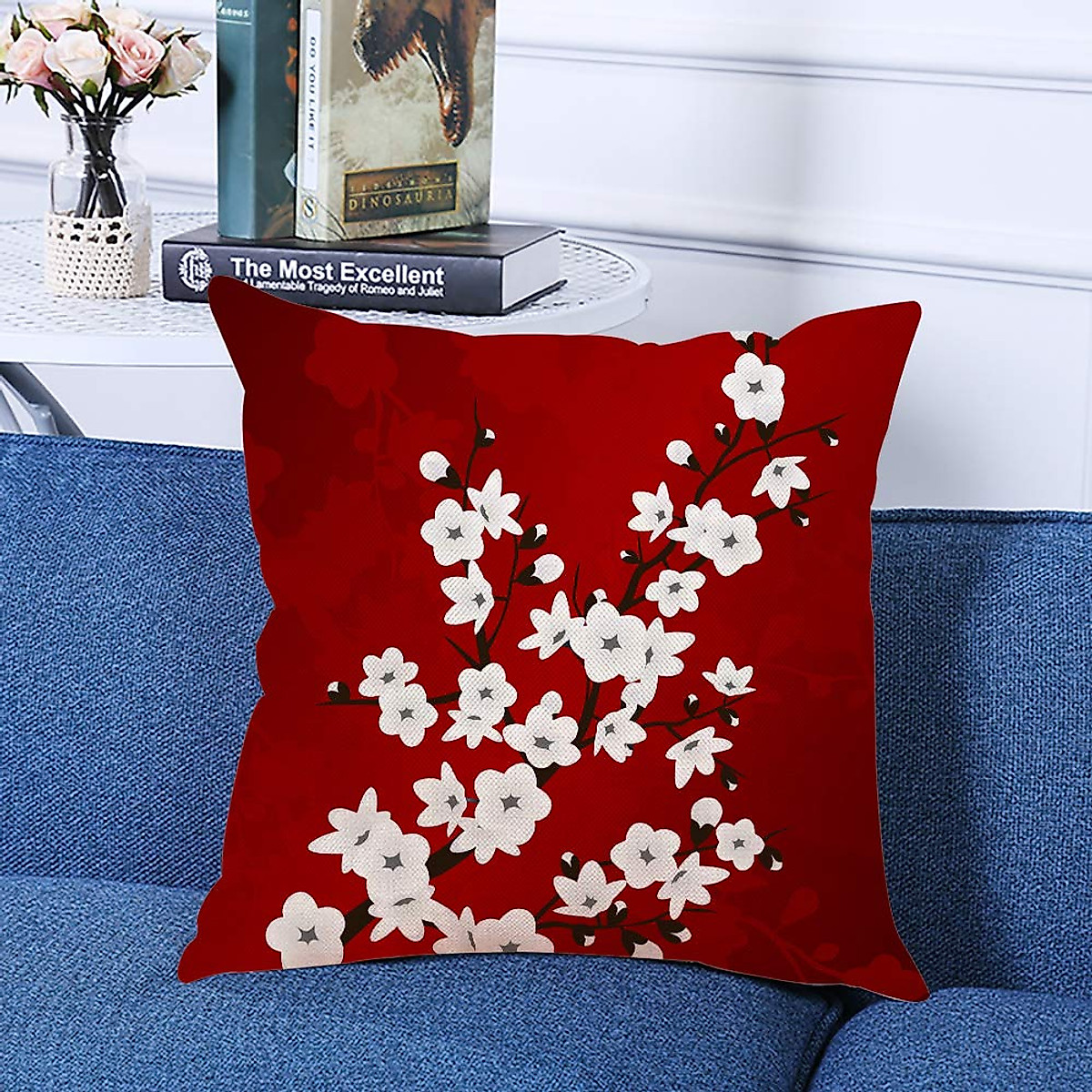 Ofocam Floral Throw Pillow Cover Red Black and White Cherry Blossoms Square Decorative Throw Pillow Cushion Case for Home Couch Living Room Bed Sofa Car 18 x 18 Inches Pillowcase