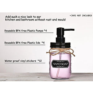 Elwiya Rustic/Farmhouse Mason Jar Soap Dispenser Lid and Pump Rust Proof, Black Plastic Dispenser Lid for 16 oz Regular Mouth Mason Jar Decor - 4 Pack