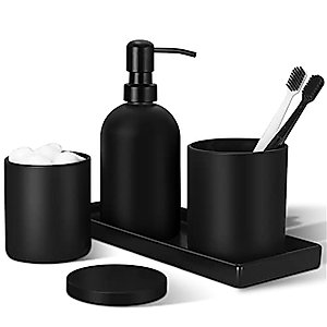 GMISUN Black Bathroom Accessories Set, Matte Black Bathroom Accessory Set, Bathroom Soap Dispenser and Toothbrush Holder Set, Qtip Holder, Modern Bathroom Decor Sets, Glass Bath Accessories Sets