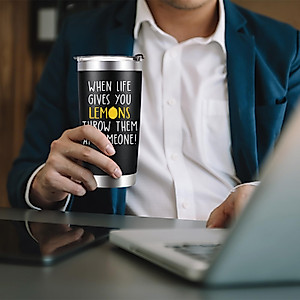 KOOLDRINK When Life Gives You Lemon Throw Them at Someone Tumbler-Inspirational Gifts for Women Men-Funny Christmas Gifts for Coworker,Boss Lady-Birthday Gifts ideas Black 20oz