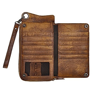 ZLYC Vintage Handmade Dip-dye Leather Wallet Card Holder Long Clutch with Detachable Wristlet (Brown)