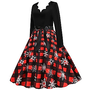 Christmas Dresses for Women 2023 Vintage Evening Dresses Sexy Long Sleeve V Neck Plaid Snowflake Print Patchwork Fall Dress with Belt 18-Red