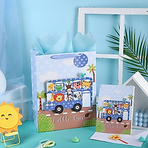 LeZakaa 16" Large Gift Bag with Tissue Paper,Hello Baby Gift Tag and Greeting Card, Purple Gift Bag with Sleeping Elephant Design for Baby Shower