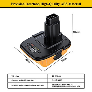 Replace for DeWalt Battery Adapter 18V to 20V DCA1820, Convert 20V Lithium Battery to 18V NiCad & NiMh Battery DC9096 DC9098 DC9099 DW9098 DW9096, with 5V USB Port, for Drills, Sanders and More