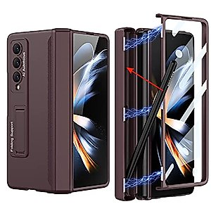 PUROOM for Samsung Galaxy Z Fold 4 Case Magnetic Hinge Protective Case, Z Fold 4 Case S Pen Box Holder with Front Glass Kickstand All-Inclusive Case for Samsung Galaxy Z Fold 4 (Wine Red)