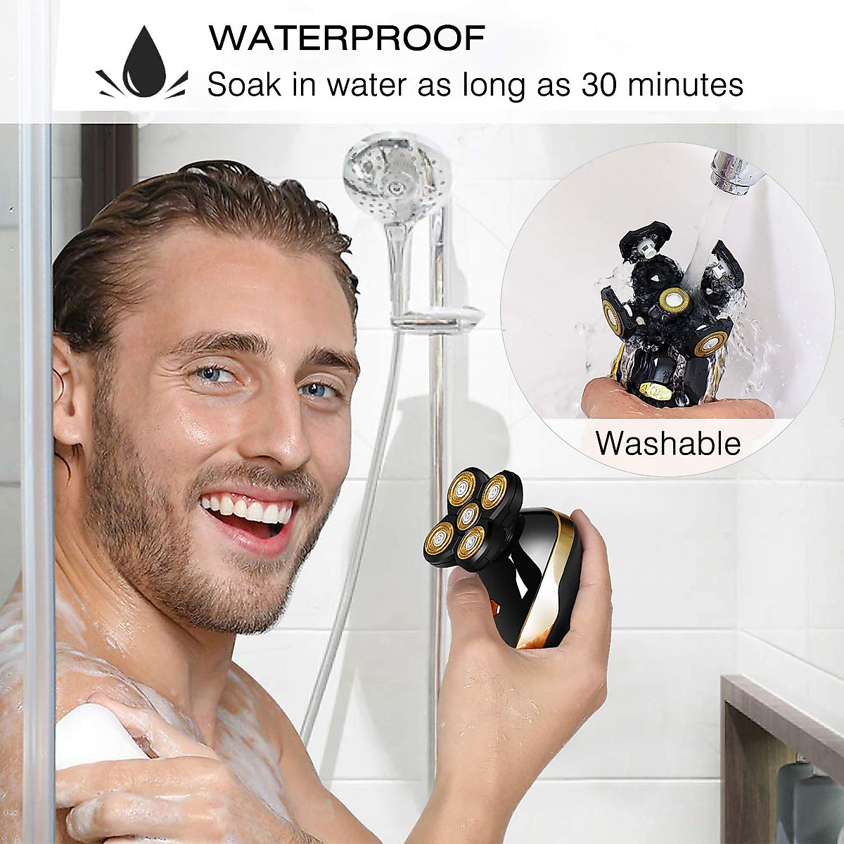 Electric Shaver Razor for Men, Bald Head Shaver 5 in 1 Cordless Waterproof Mens Shaver USB Rechargeable Grooming Kit (Gold)