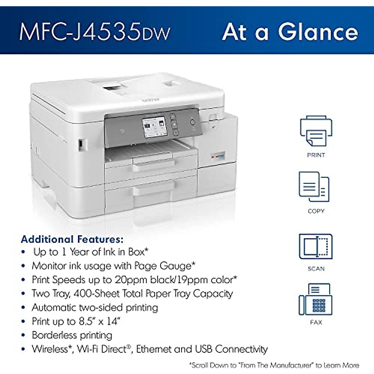 Brother MFC-J4535DW INKvestment Tank All-in-One Color Inkjet Printer with NFC, Auto 2-Sided Printing, Print Scan Copy Fax, Built-in wireless, 4800 x 1200 dpi, White - Bundle with Cefesfy Printer Cable
