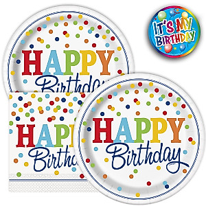 Lobyn Value Packs 32 Piece Polka Dot Themed Birthday Party Paper Plates And Napkins Luncheon Size 9 Inch Disposable Plates