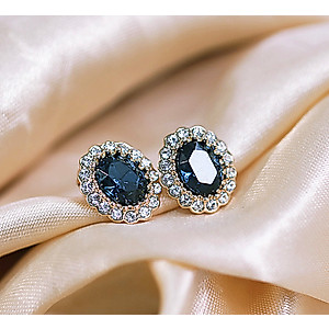 Gold Plated Oval Shaped AAAAA Australia Crystal with Clear Cubic Zirconia Stud Earrings Fashion Jewelry for Women (Rose Gold Sapphire)