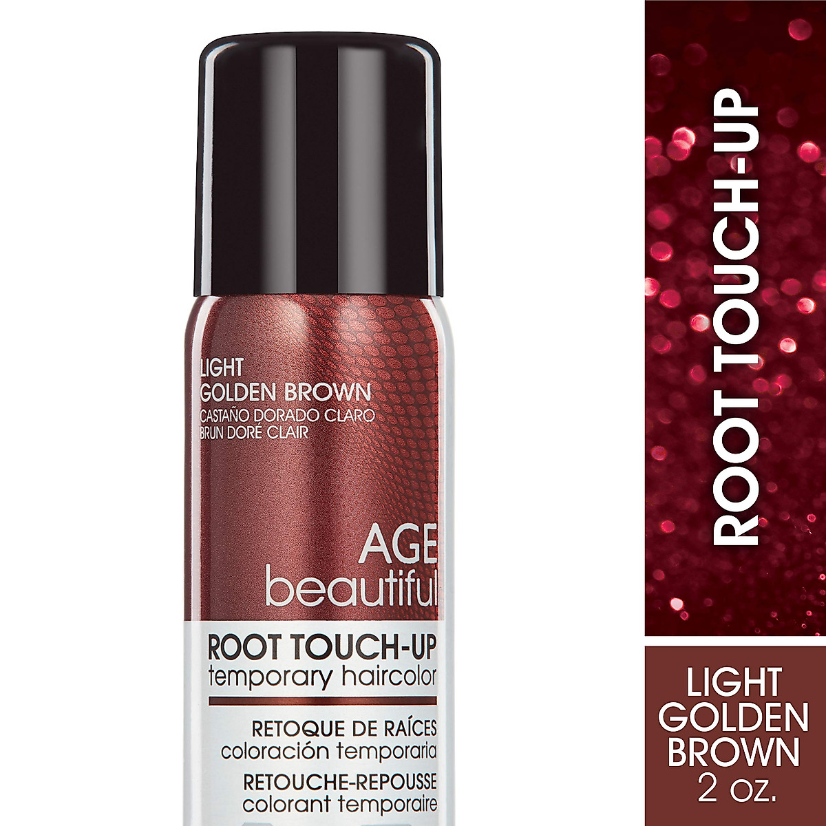 AGE beautiful Root Touch Up Hair Color Spray | Touch-Up Gray Concealer | Temporary Cover Up | Adds Volume & Covers Thinning Patches | Water, Sweat, Stain Resistant | Light Golden Brown | 2 Fl Oz