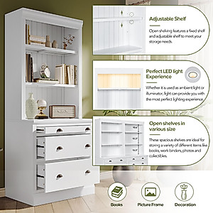 LZ LEISURE ZONE 2 Bookshelf & 1Desk Suite, 83.4" Modern Bookcase Suite with LED Lighting, Drawers and Open Shelves, 3-Piece Set Storage Bookshelf for Living Room/Home Office/Study Room, White