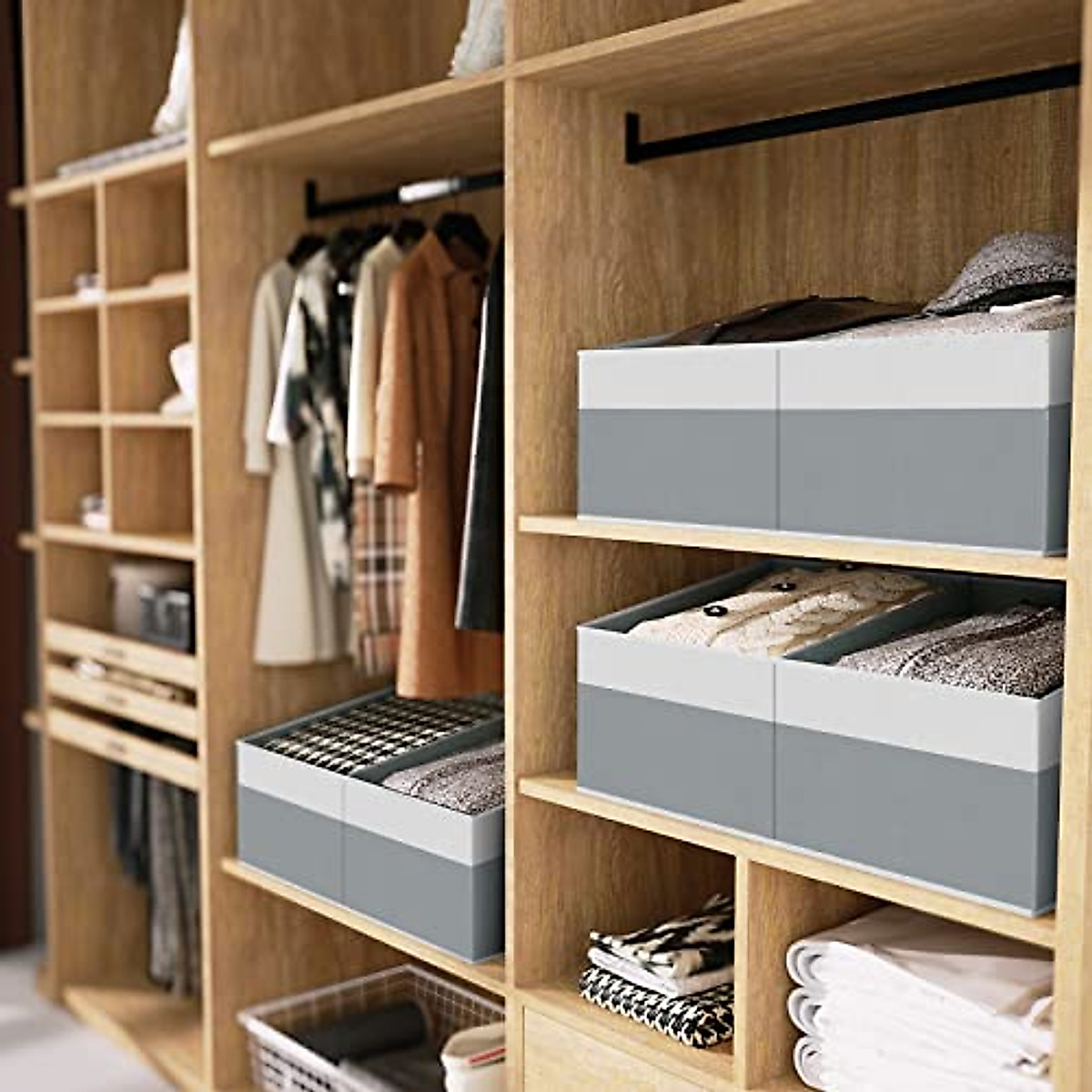 DIMJ Trapezoid Storage Bins, 3 Packs Closet Baskets, Foldable Fabric Baskets for Clothes, Baby Toiletry, Toys, Towel, DVD, Book Gray and White