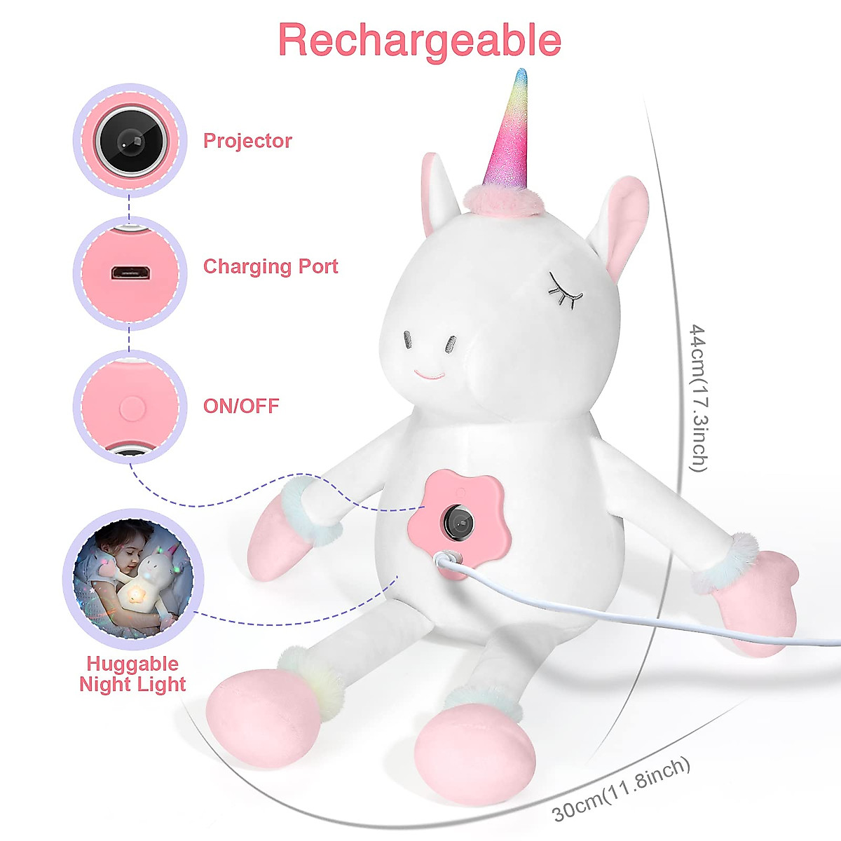 DIILSWX Unicorn Stuffed Animals with Dynamic Star Projection Lamp: Rechargeable Night Light for Kids Bedroom, Soft & Huggable Plush Toy, Cute Bedtime Buddy for Toddler, Boy, Girl (Galaxy Theme) - 17''