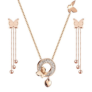 EVEVIC Stainless Steel Butterfly Necklace Earrings Set for Women 14K Gold Plated Hypoallergenic Jewelry Sets (Style-B Rose-Goldtone)