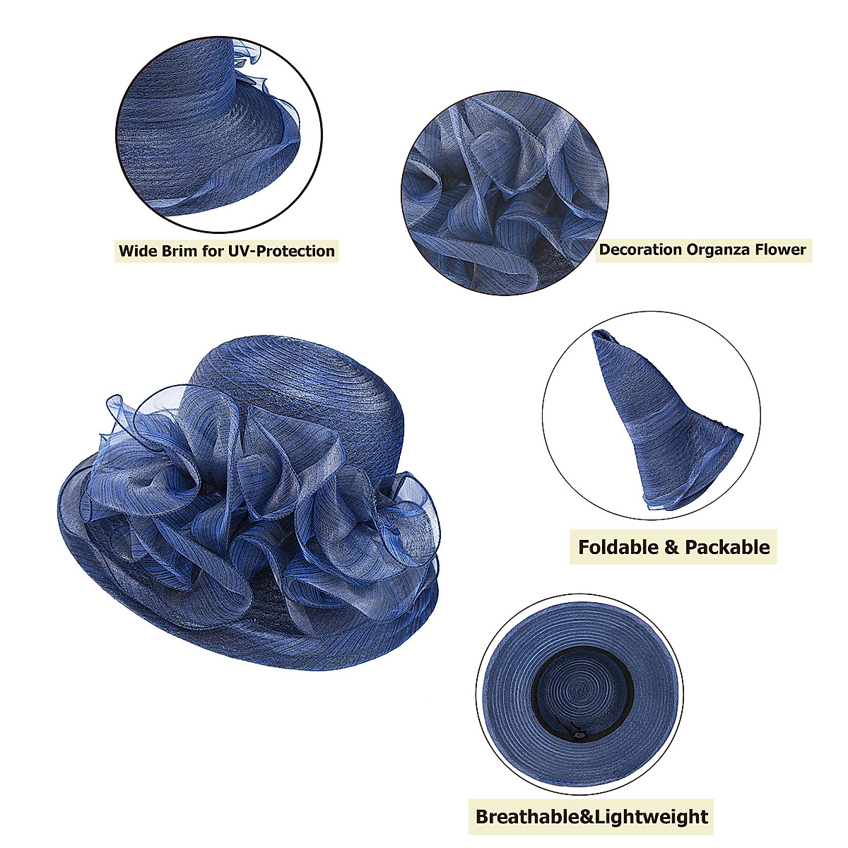 Wide-Brim-Kentucky-Hat Sun-Hat for Womens Foldable UV-Protection Summer-Derby-Tea-Party-Fascinator-Hats(M/L) Navy