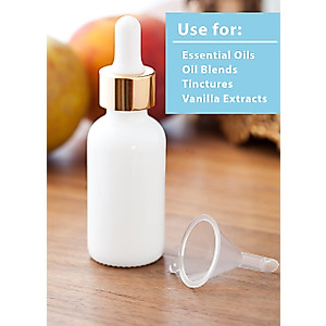 JUVITUS 2 oz Opal White Glass Boston Round Bottle with Gold Metal and Glass Dropper (12 pack) + Funnel