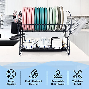 Housen Solutions Dish Drying Rack, 2 Tier Rust-Resistant Dish Rack with Drainboard, Dish Racks for Kitchen Counter with Glass and Utensil Holder