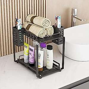 junyuan Large Bathroom Organizer Countertop,2 Tiered Bathroom Organizer Shelves with Toothbrush Holders,Bathroom Counter Storage Rack with Basket and Hooks Metal Black