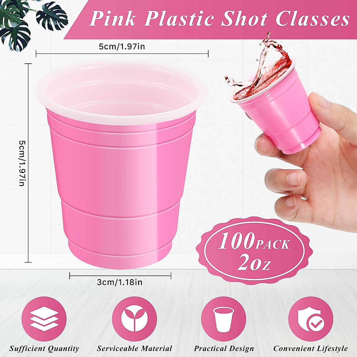 Blcculi 100 Pcs 2 oz Plastic Pink Shot Glasses - Disposable Party Cups for Jello Shots, Bachelorette and Birthday Parties - Mini Tasting Serving Shot Cups