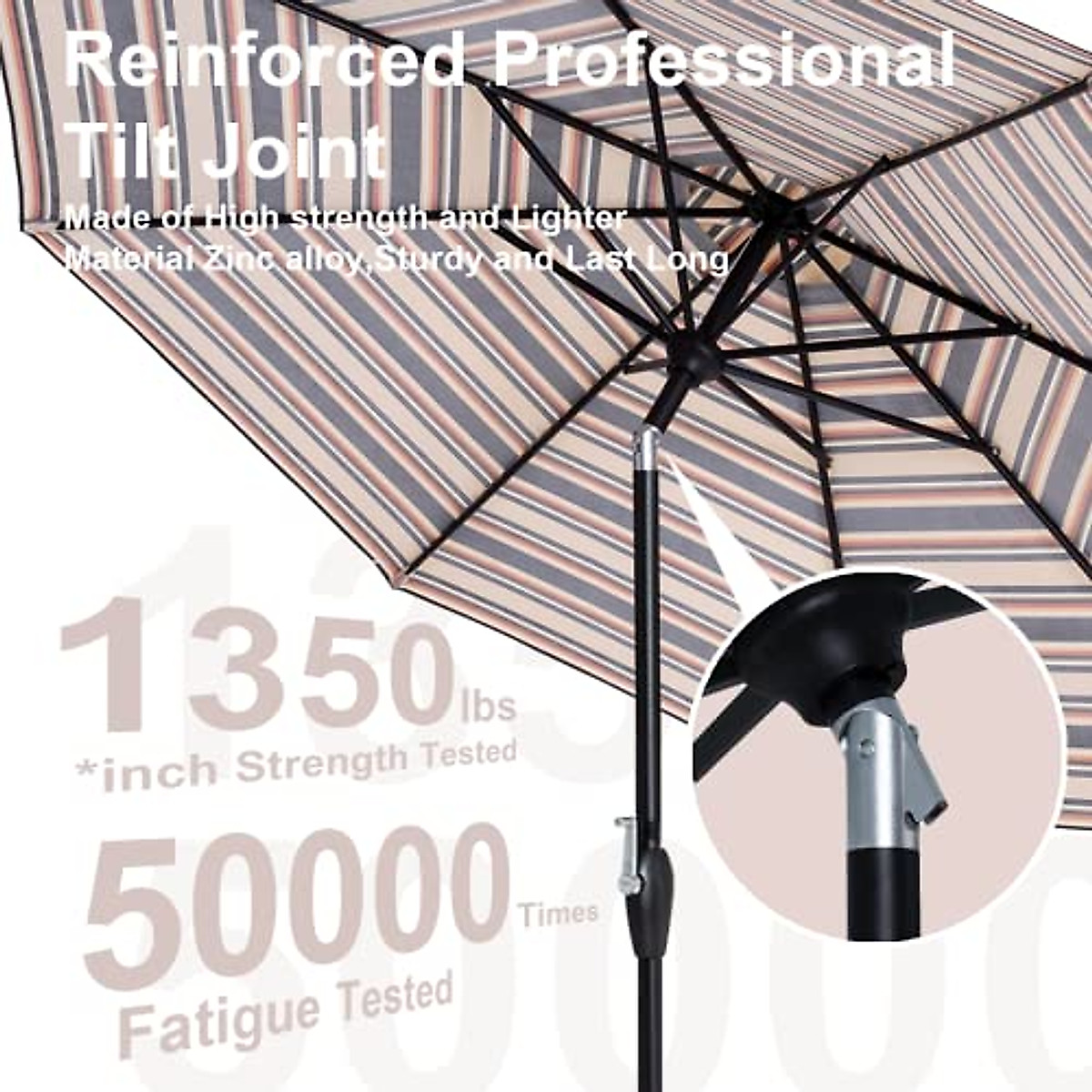 Tempera 9 ft Striped Patio Umbrellas Outdoor Table Market Umbrellas with 2-year Nonfading Canopy, 8 Sturdy Ribs and Push Button Tilt & Crank