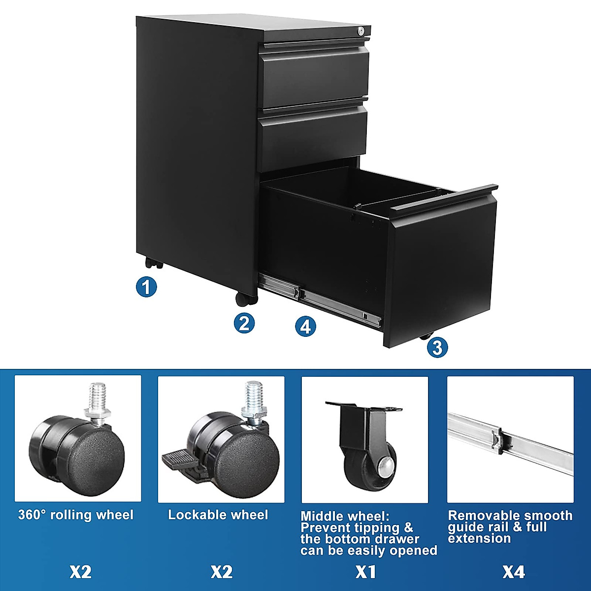 PALFISH 2-Drawer File Cabinet with Lock, Metal Filling Cabinets Suits Legal/Letter Size for Home Office, Fully Assembled Except Wheels, Grey (2-Drawer Widen, Black)