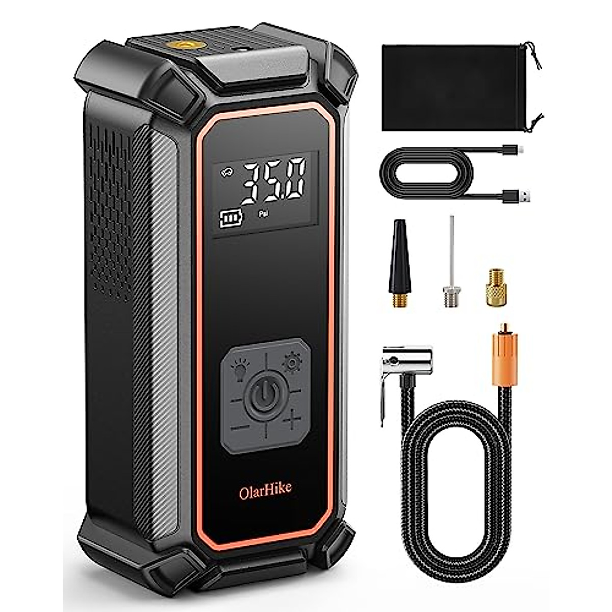 OlarHike Portable Tire Inflator - Air Compressor for Car Tires with Automatic Shutoff - 120 psi Digital Pressure Gauge and Emergency LED Light - Cordless and Compact Automotive Pump - Black and Orange