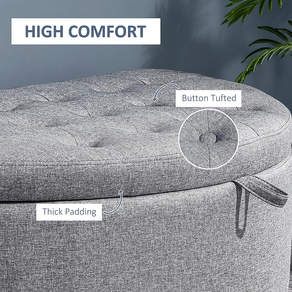HOMCOM Half Moon Storage Ottoman, Upholstered Button Tufted Storage Bench with Lift Lid and Wood Legs, for Living Room, Entryway, Gray