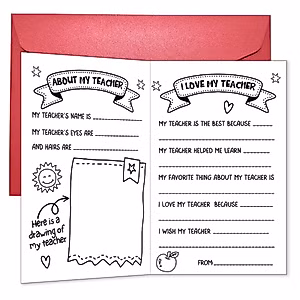 Teacher Thank You Card with Envelope, Teacher Appreciation Gift, Kids Fill in Blanks Coloring Page, Teacher Card from School Kids