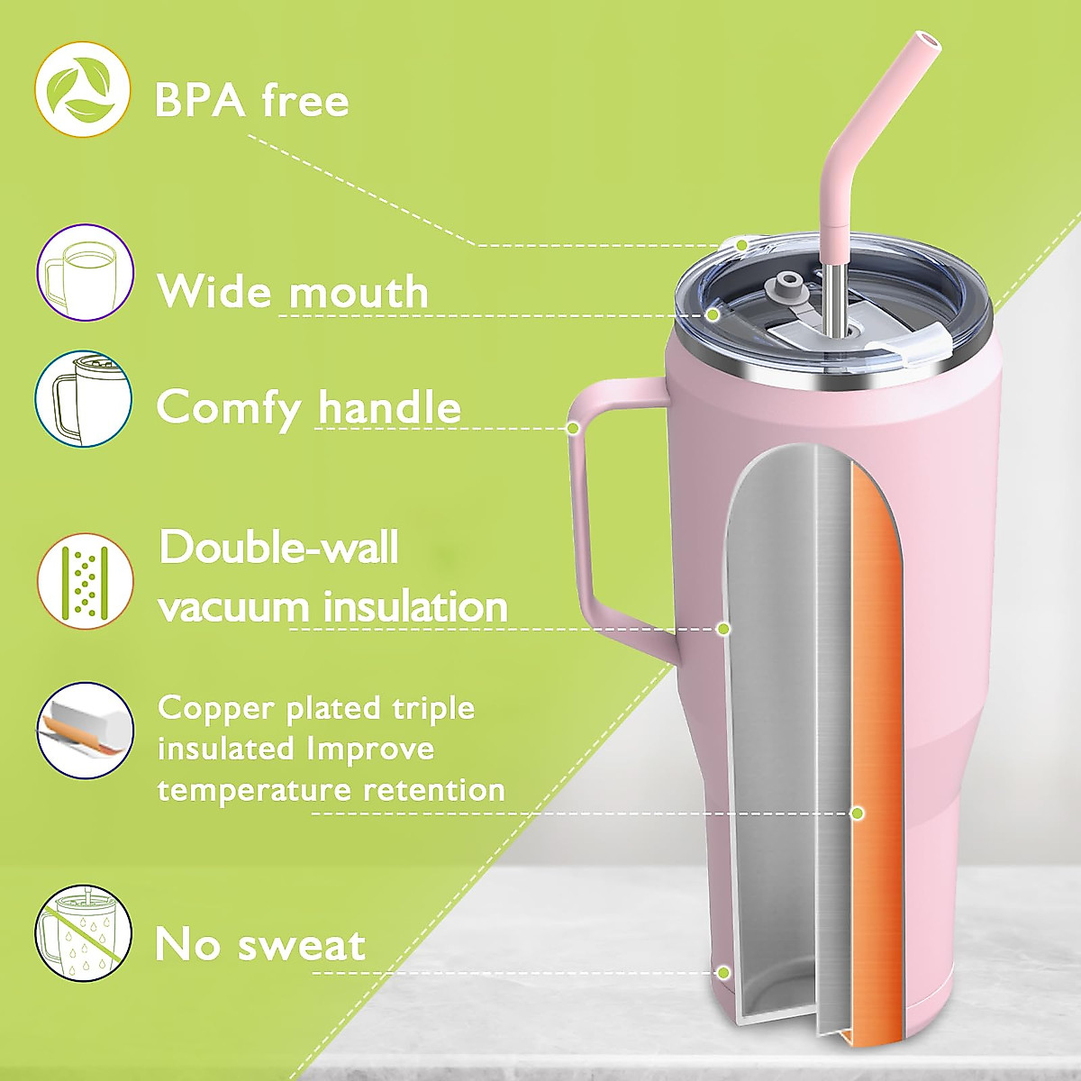 Zukro 50 oz Tumbler With Handle And Straw, Large Leak Proof Triple Wall Vacuum Insulated Stainless Steel Cup with Lid Fit in Cup Holder, Keeps Cold 30 Hours, No Sweat, Dishwasher Safe - Pink